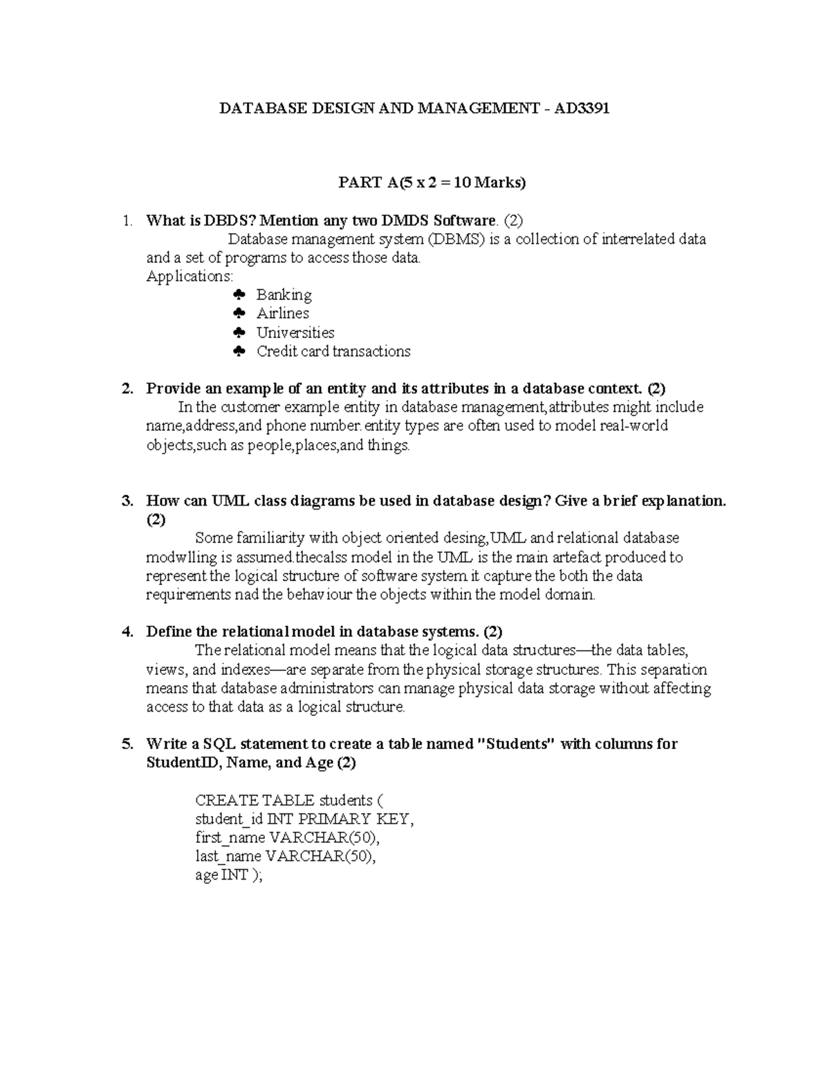 AD3391 - Database Design and Management Notes (Part A, B, C) - Studocu