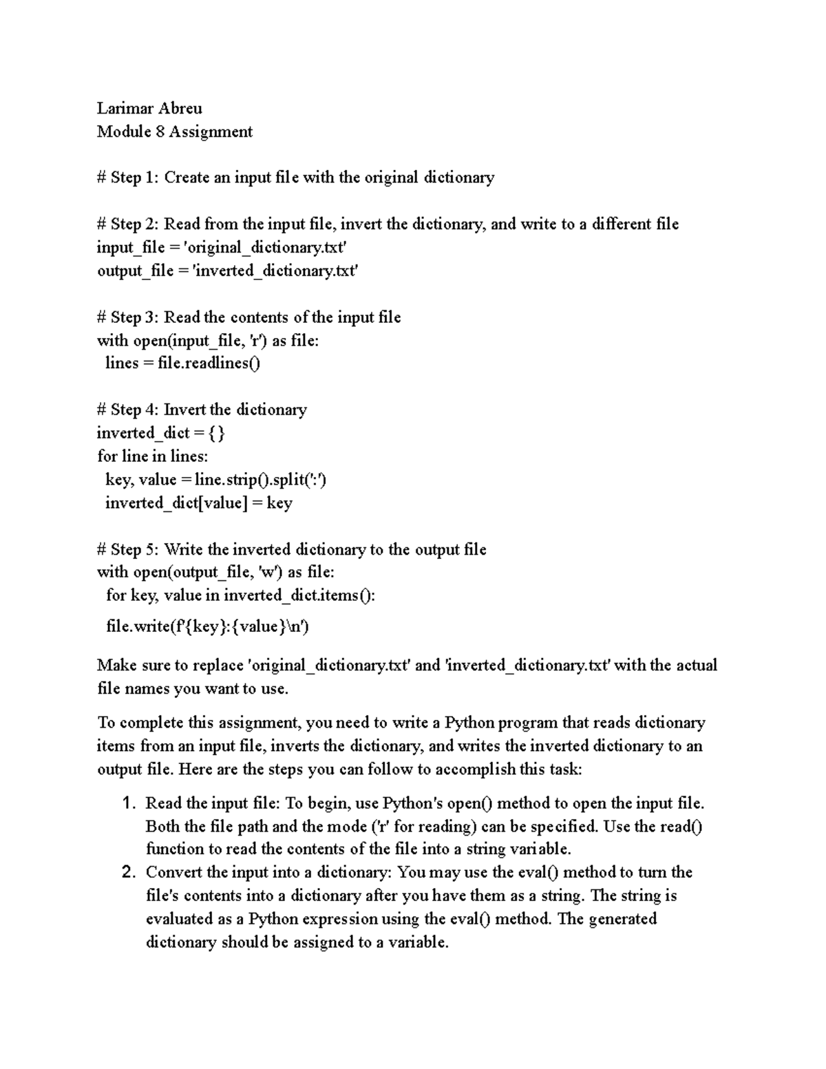 Module 8 Python Assignment: Inverting a Dictionary - Studocu