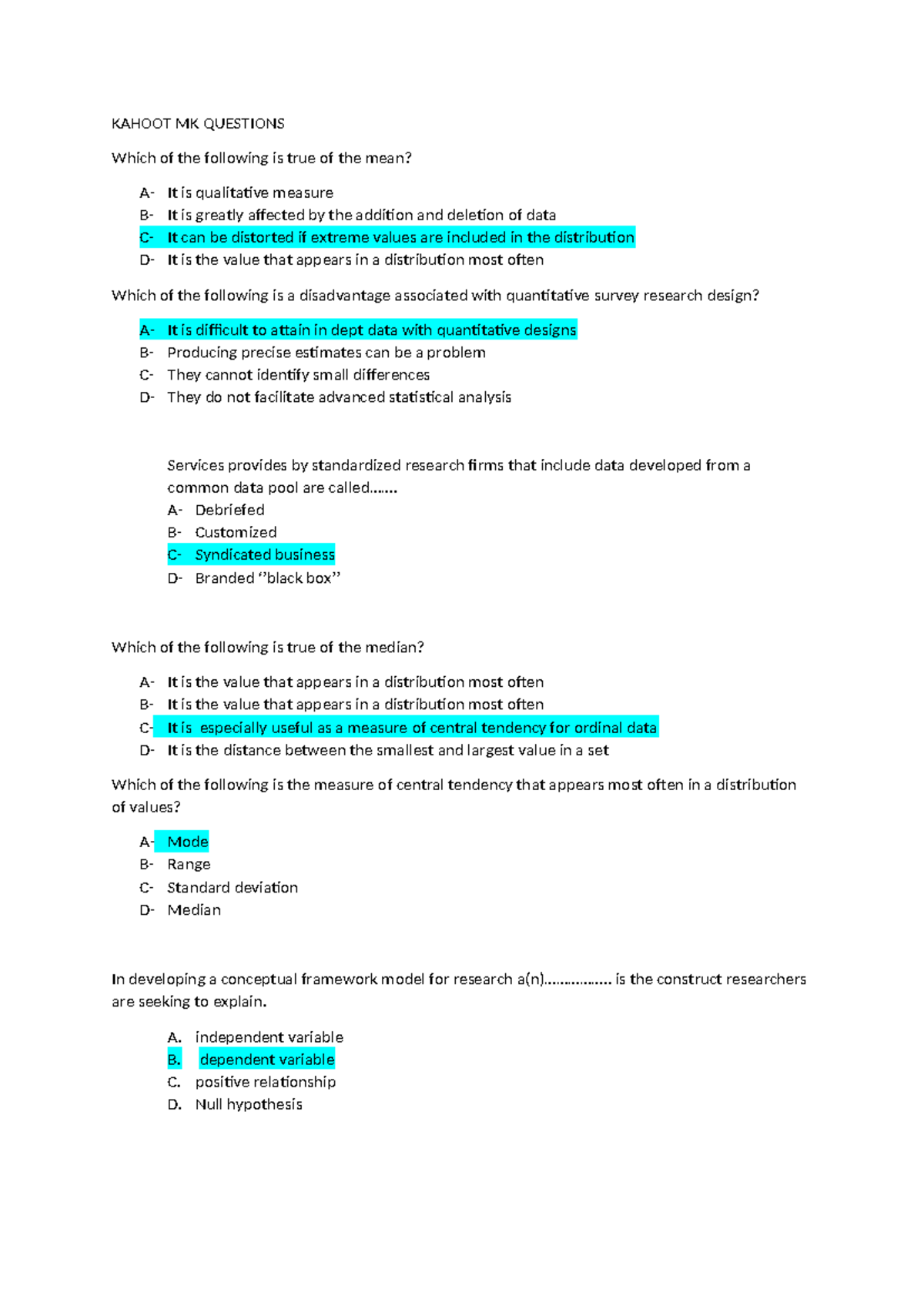 Kahoot Quiz Questions for MK 4035: Research Methods & Statistics - Studocu
