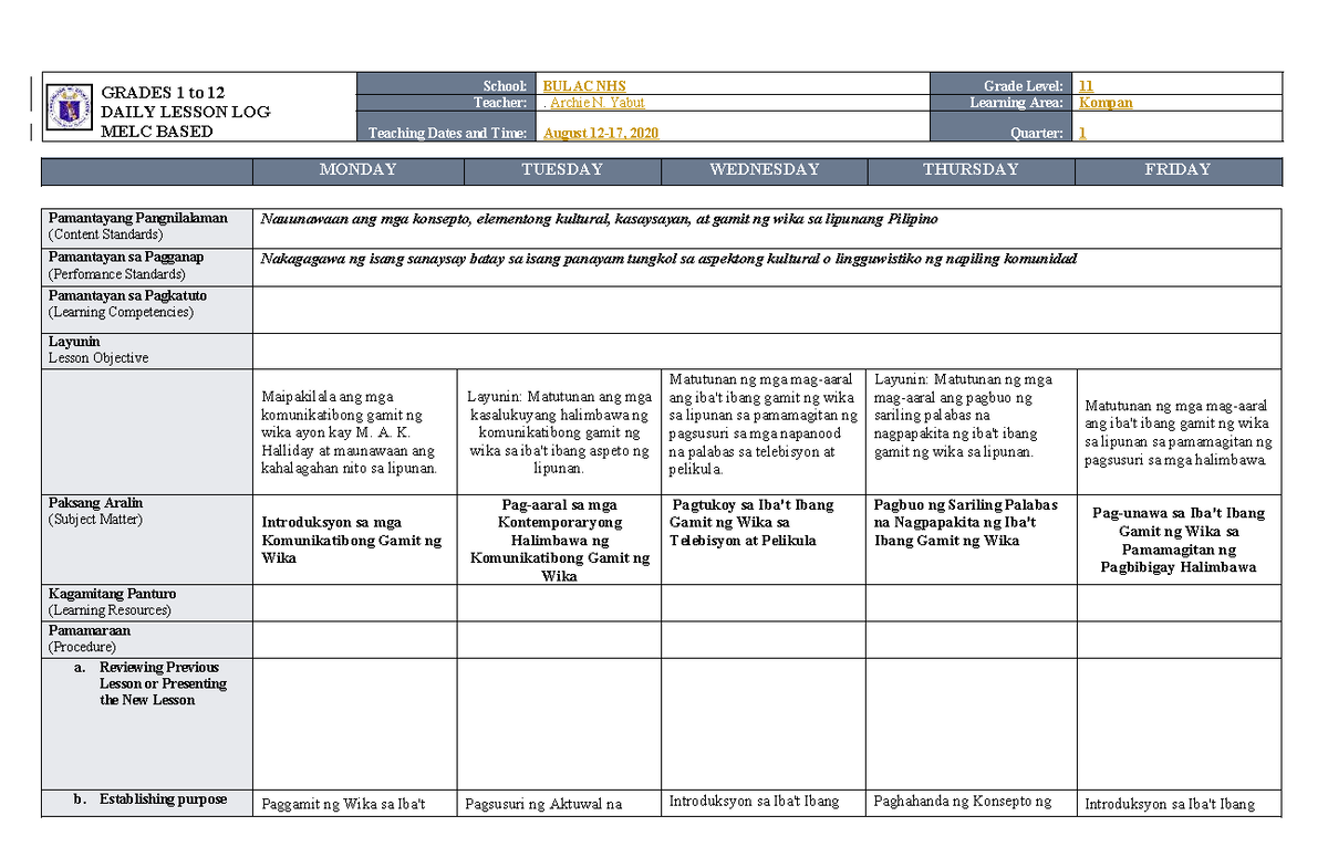 WEEK 3 DAILY LESSON LOG (MELC) - GRADE 11 KOMPAN 1 - Studocu
