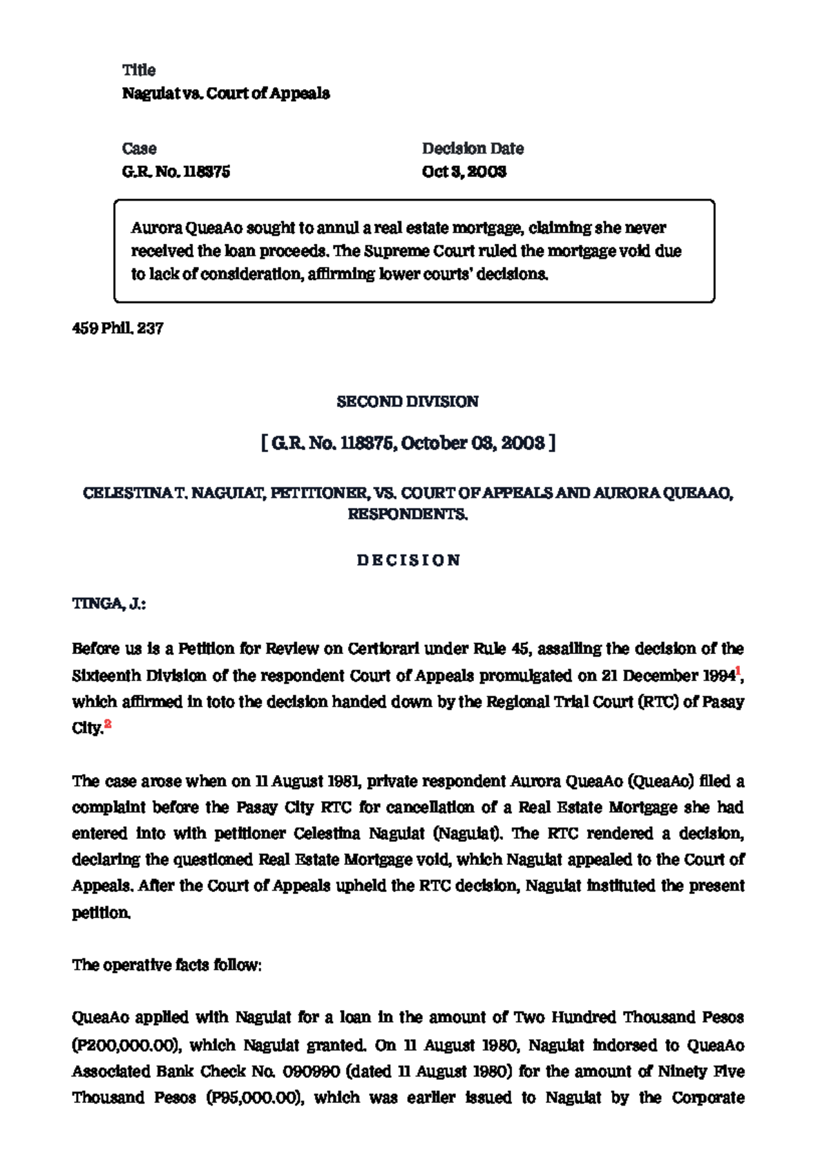 G. No. 118375 Case Study: Naguiat vs. Court of Appeals (2003 Decision ...