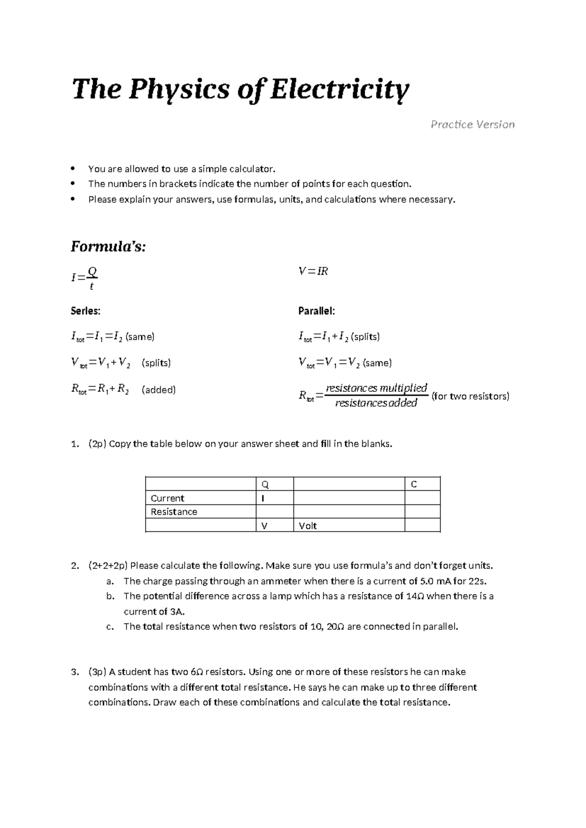 Electricity Test: Practice Version - Physics Concepts and Calculations ...