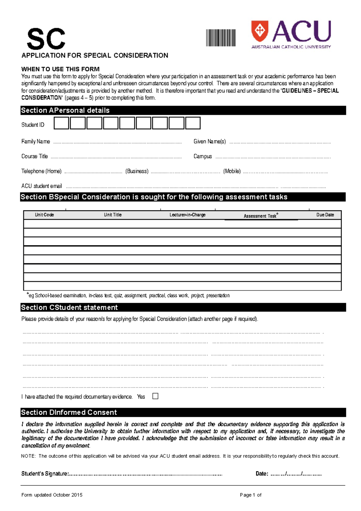 SC Application for Special Consideration Guidelines & Form 2017 - Studocu