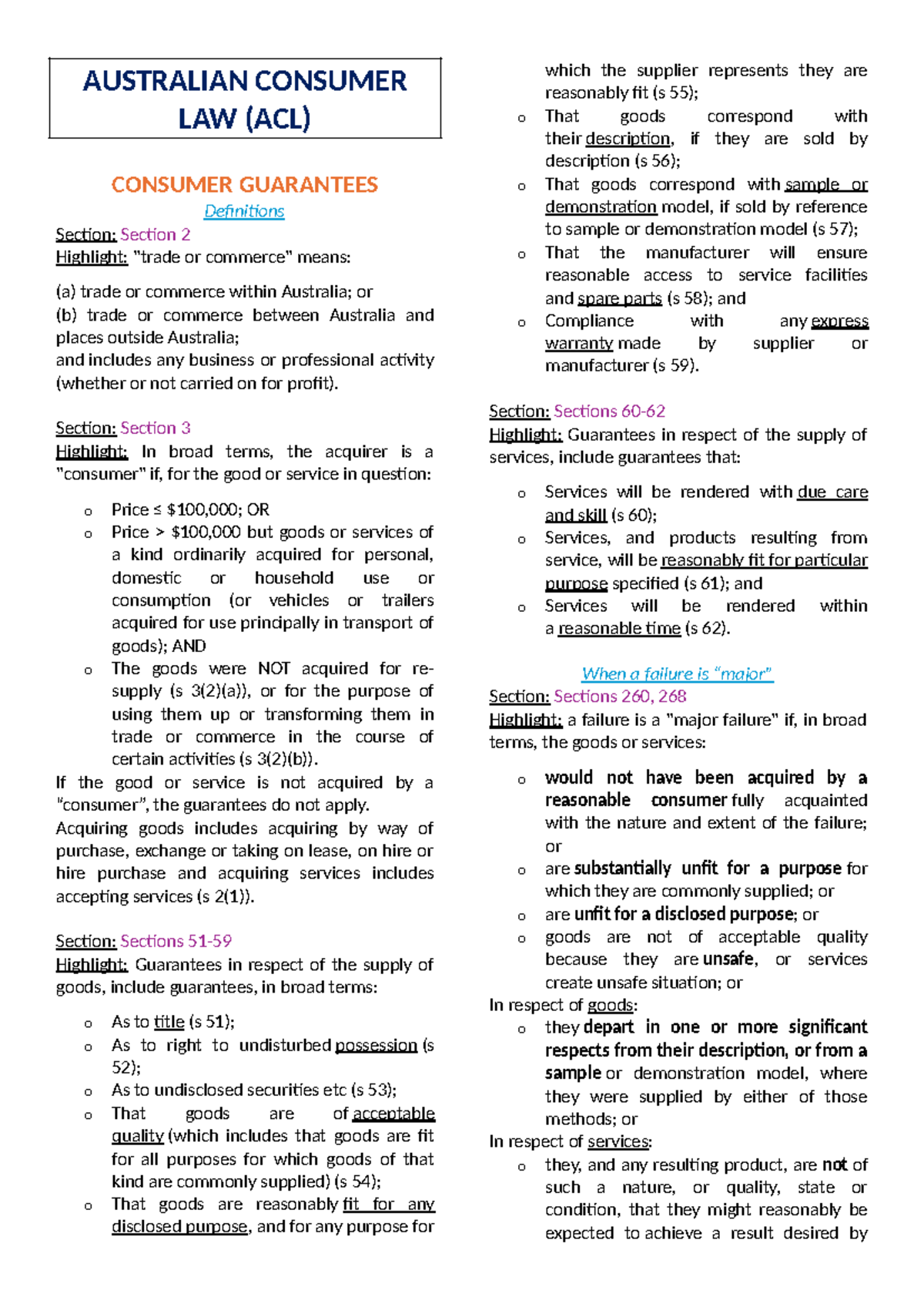 Final Exam Notes: Australian Consumer Law (ACL) Overview - Studocu