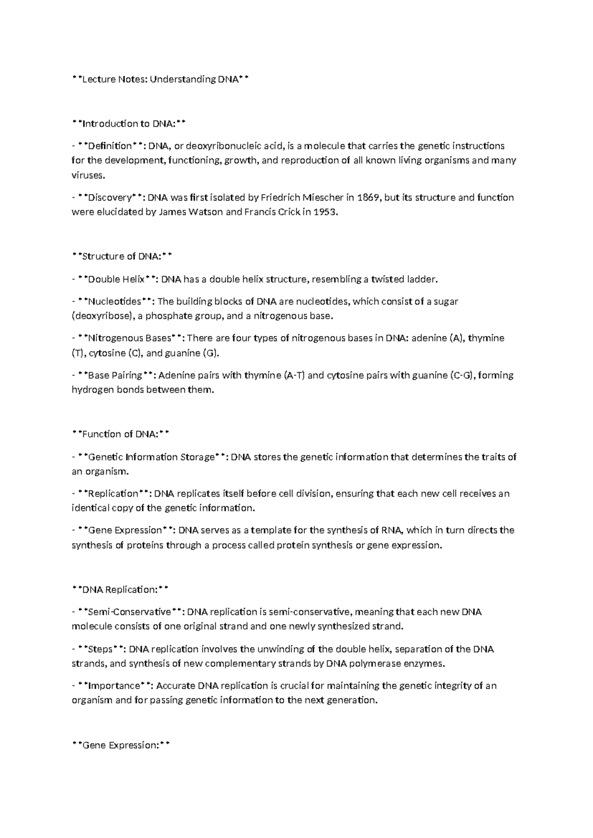 Lecture Notes on DNA Structure & Function - Studocu