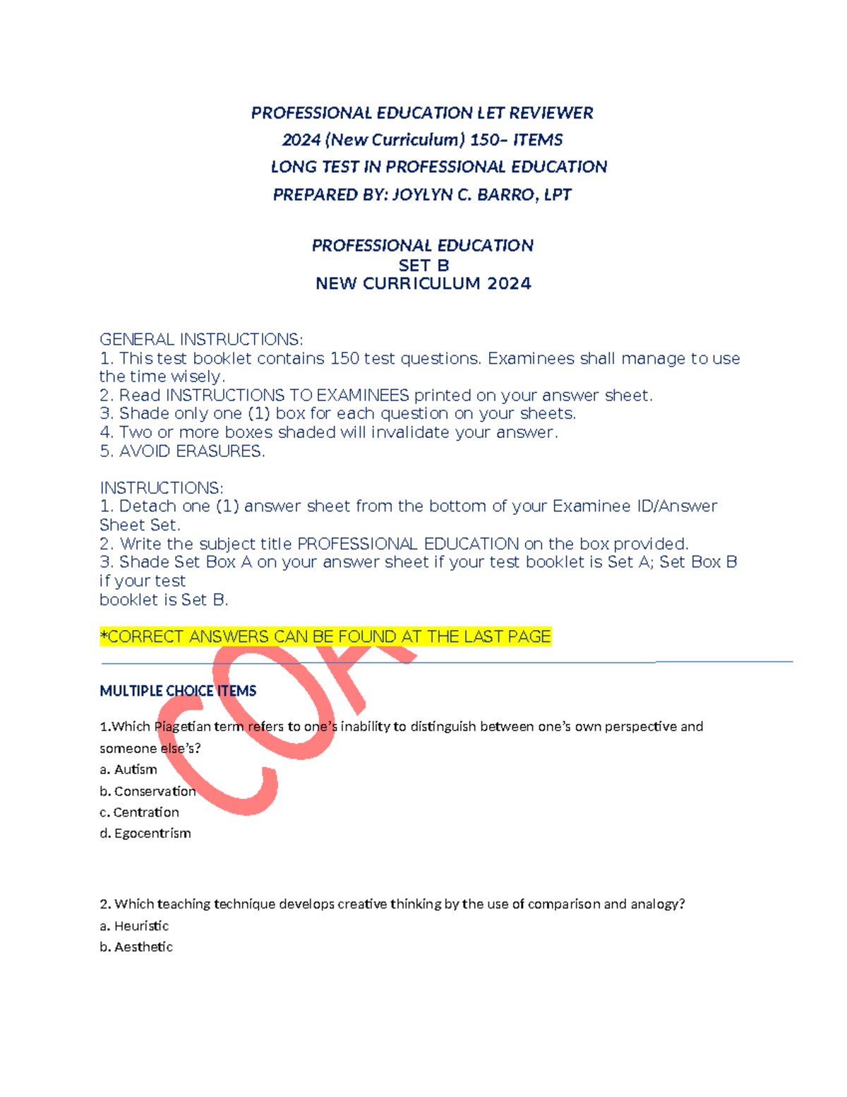 2024 LT IN PROF - LET REVIEWER FOR PROFESSIONAL EDUCATION EXAM - Studocu
