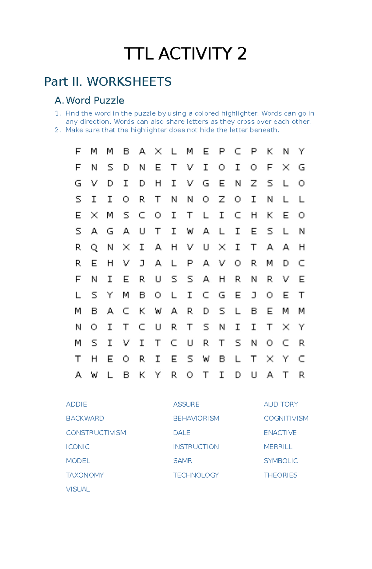 TTL- Activity-2 - Activity - TTL ACTIVITY 2 Part II. WORKSHEETS A. Word ...