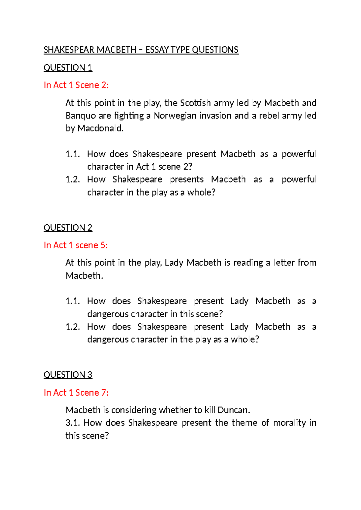 Macbeth Essay Questions: Analysis of Power and Morality - Studocu