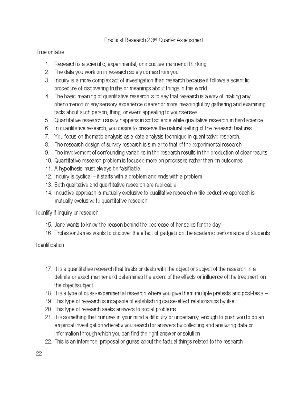 Practical Research 2 3rd Quarter Assessment: True or False Questions ...
