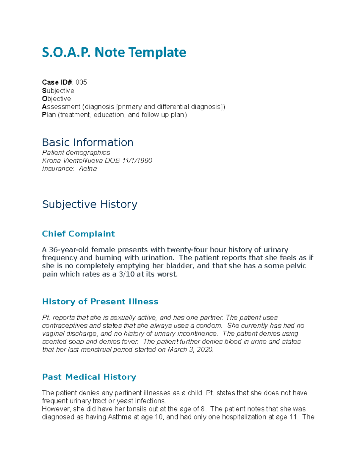 Asthma SOAP Note - soap note - S.O.A. Note Template Case ID#: 005 ...