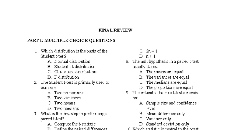 FINAL REVIEW PART I: MULTIPLE CHOICE QUESTIONS & ASSIGNMENTS - Studocu
