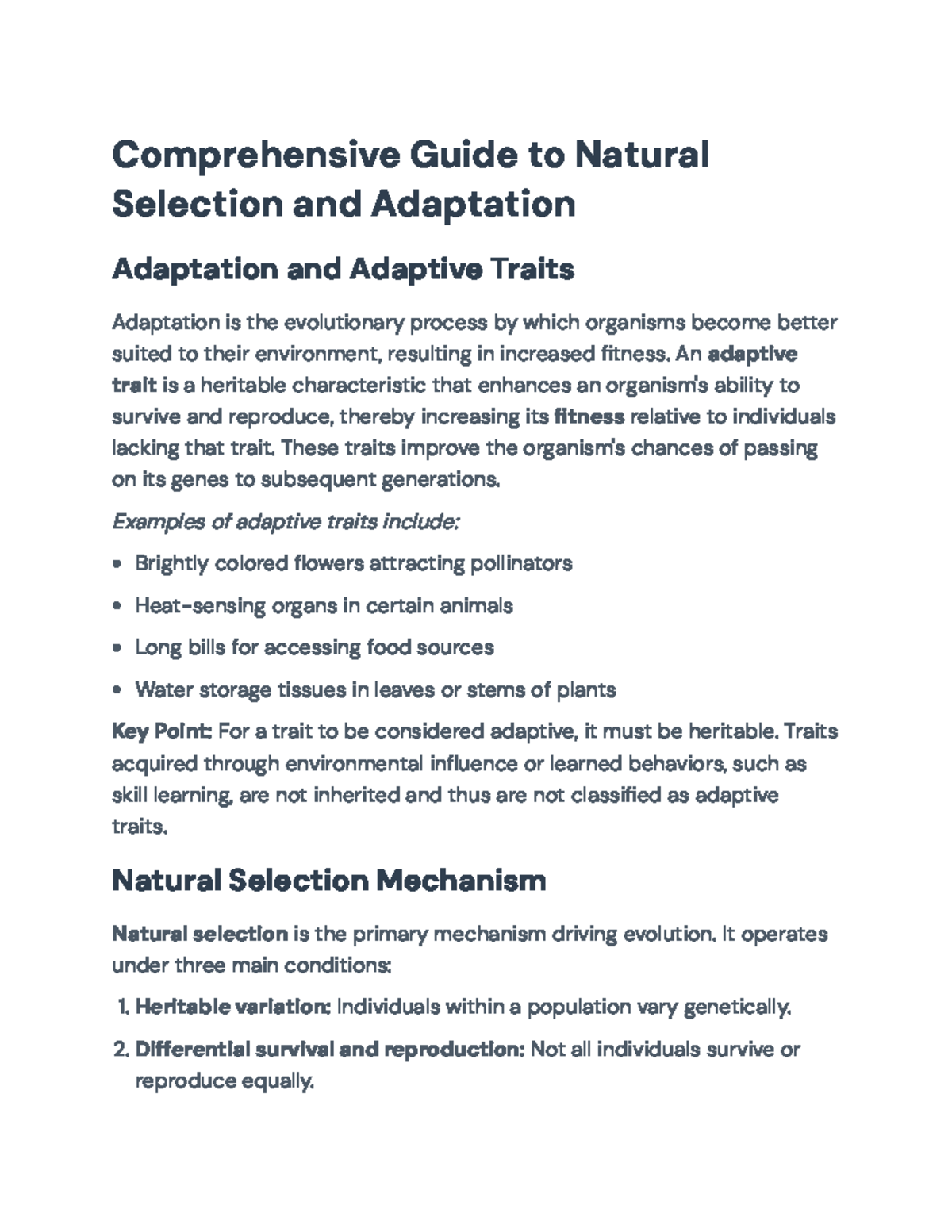 Comprehensive Overview of Natural Selection and Adaptation (BIO101 ...