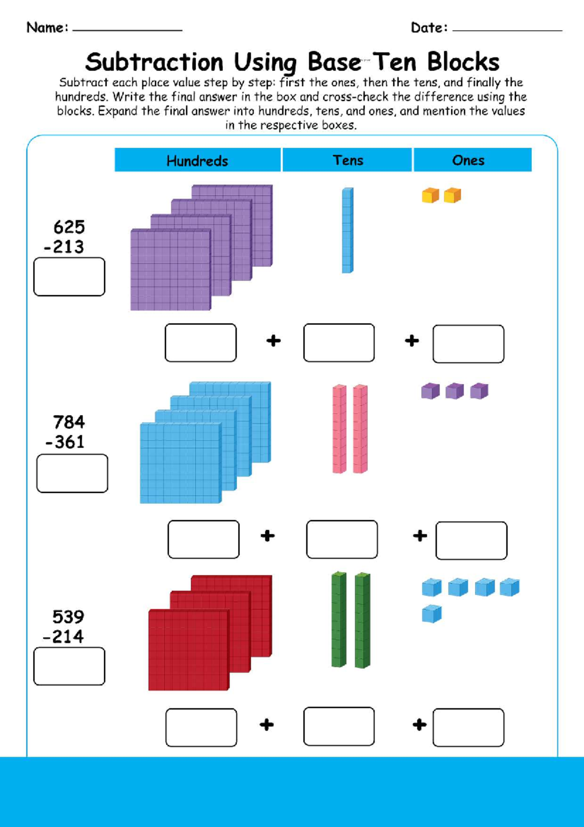Subtraction Using Base Ten Blocks - 2nd Grade Worksheet - Name: Date ...