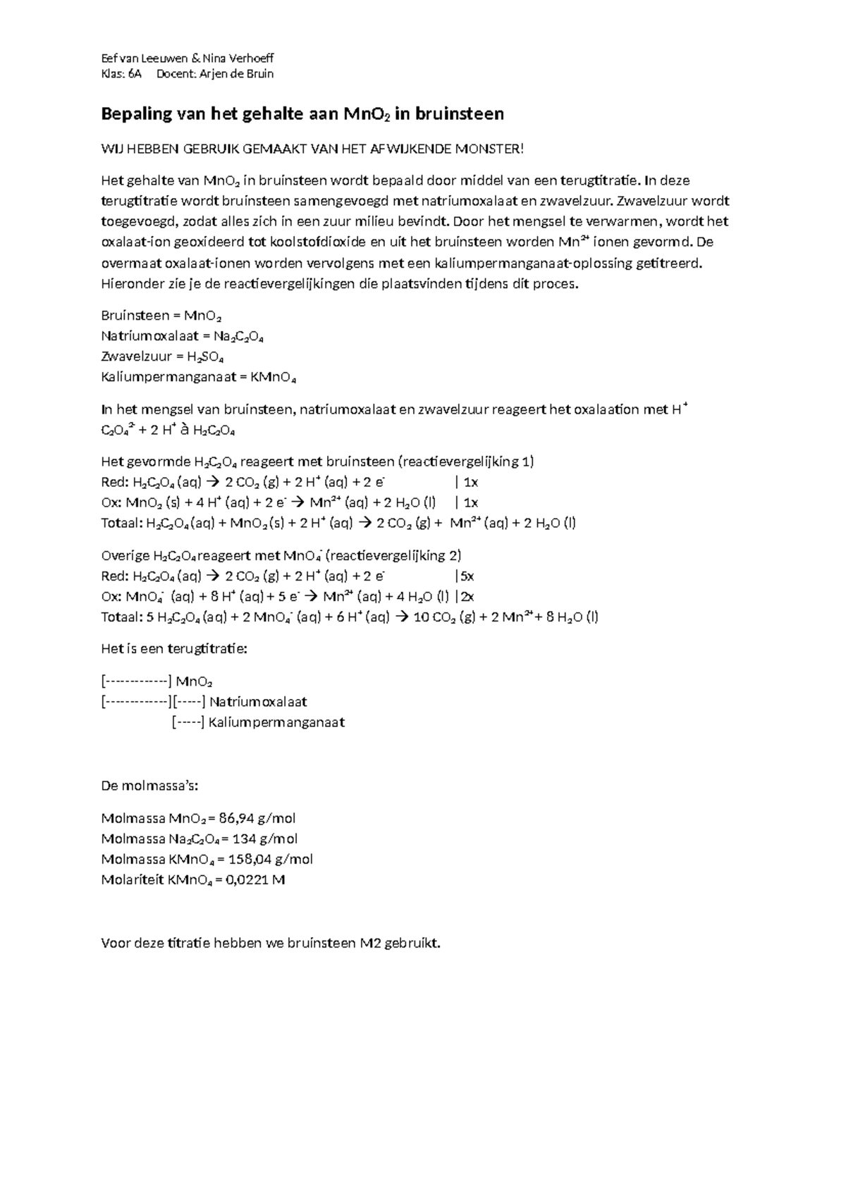 Bepaling van MnO2 Gehalte in Bruinsteen - Klas 6A Lab Rapport - Studeersnel