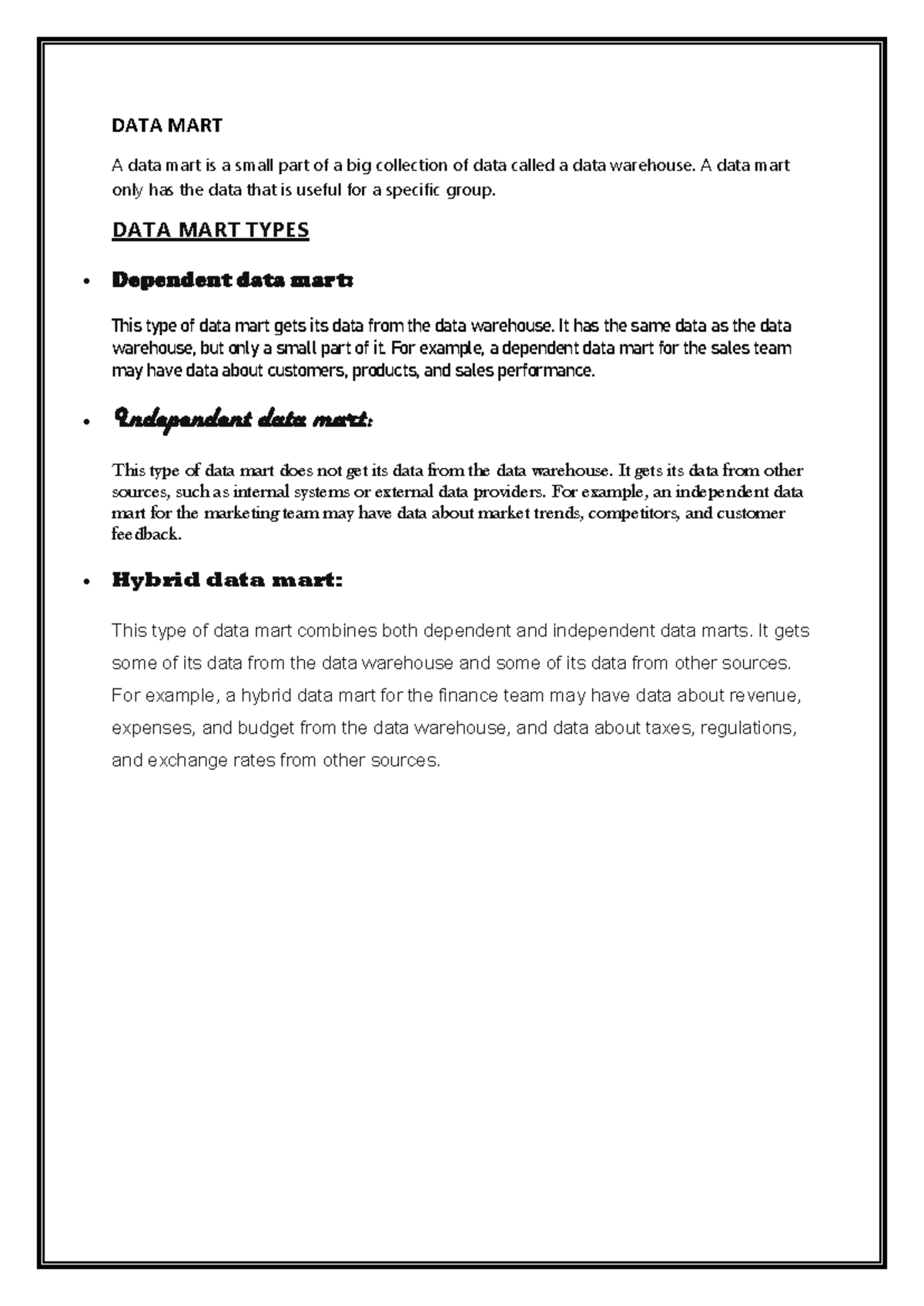 DATA MART - Overview of Types and Key Features - Studocu