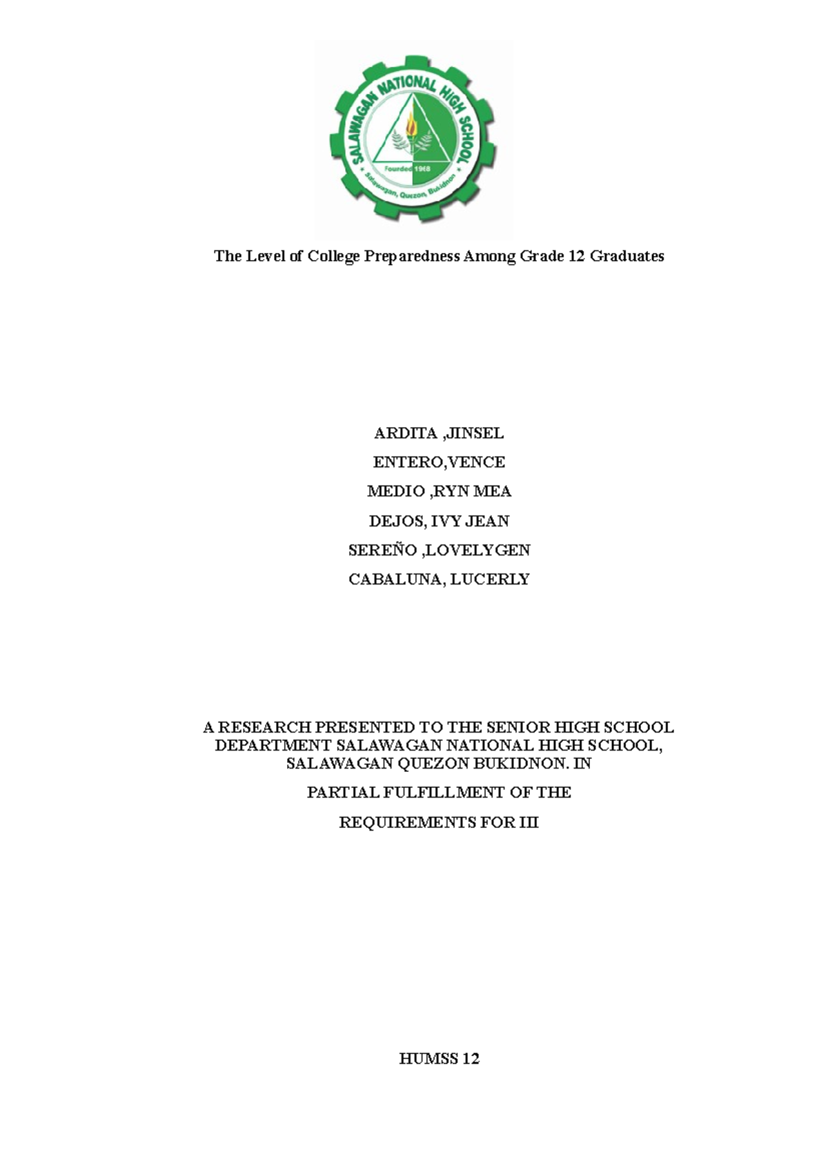 College Preparedness Among Grade 12 Graduates: A HUMSS 12 Study - Studocu