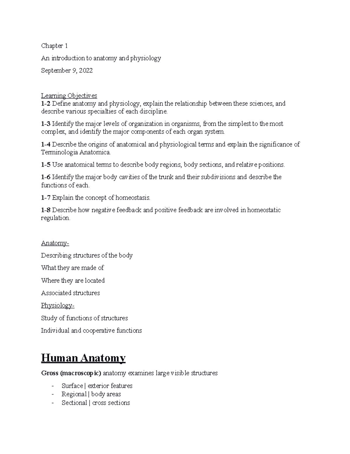 Chap 1 notes - intro to anatomy and physiology - Chapter 1 An ...