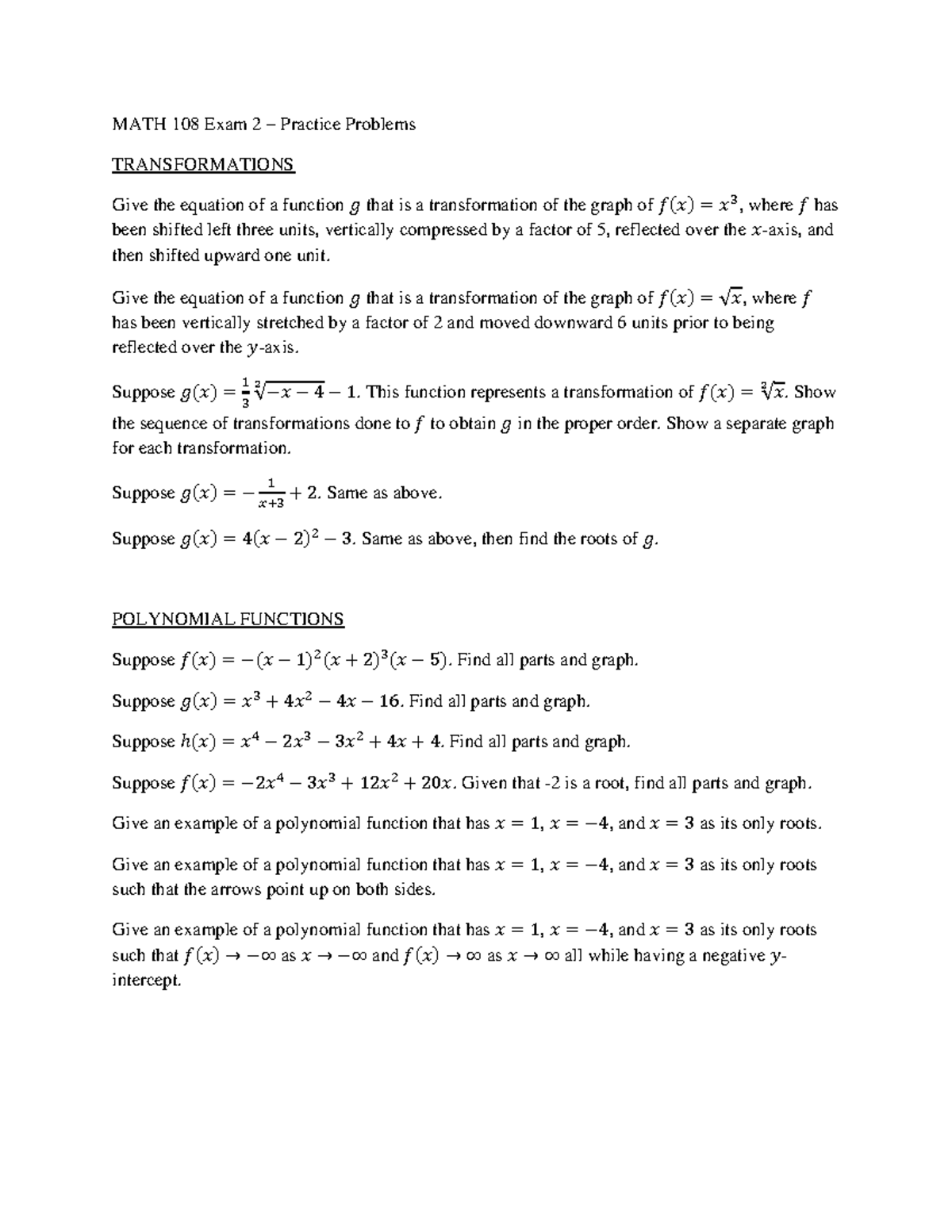Math108Practice Exam Questions - Exam 2 (Spring 2023) - MATH 108 Exam 2 ...