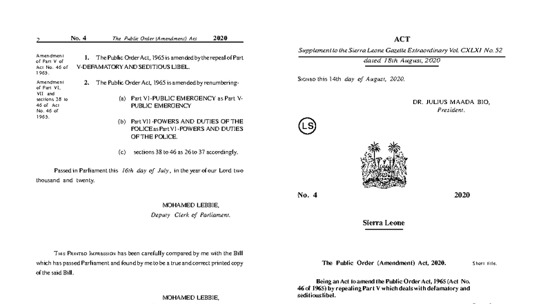 The Public Order (Amendment) Act 2020 - Sierra Leone Gazette No. 52 ...
