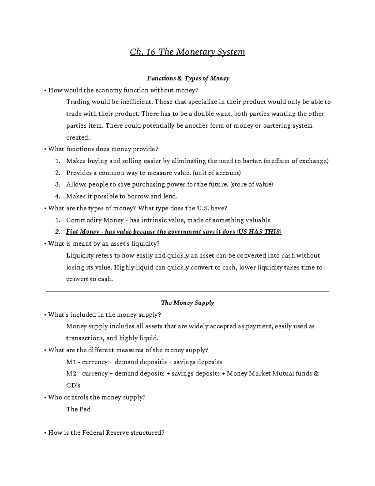 Ch. 16 The Monetary System: Functions, Supply & Policy - Studocu