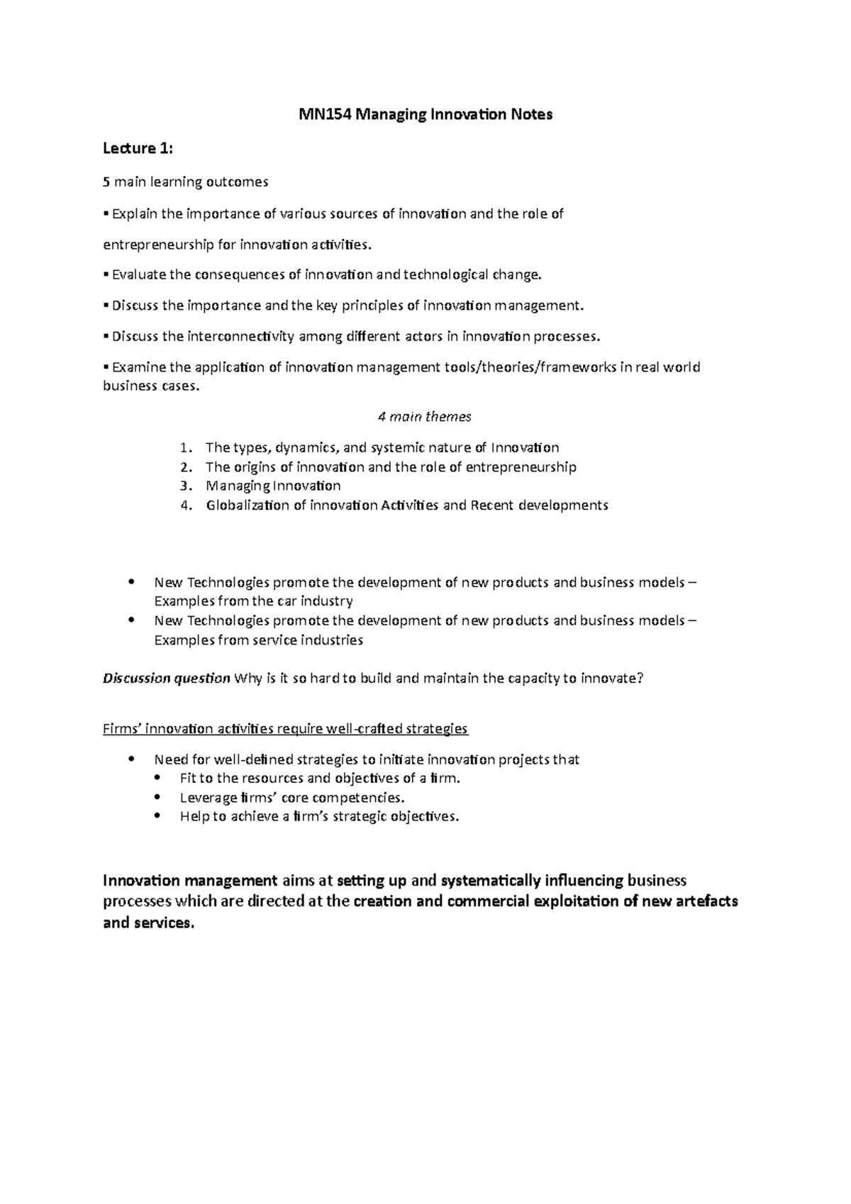 MN154 Managing Innovation Notes - MN154 Managing Innovation Notes ...