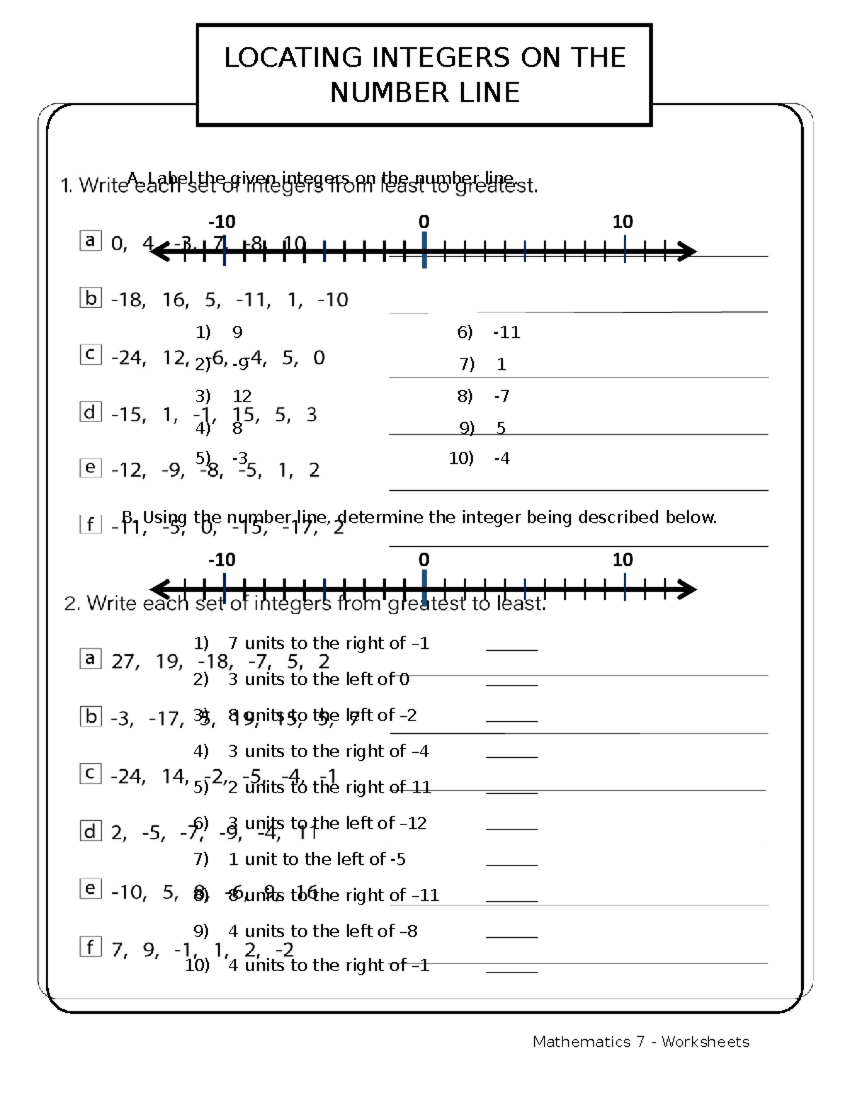 MATH7 Activity: Locating Integers on the Number Line - Studocu
