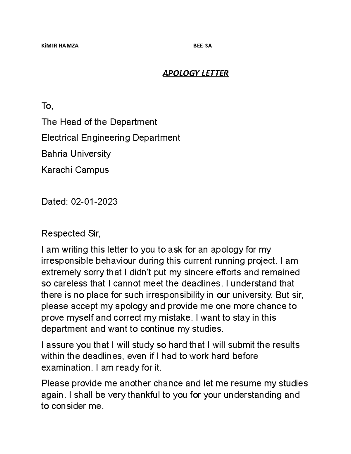 Apology letter to HOD - KiMIR HAMZA BEE-3A APOLOGY LETTER To, The Head ...