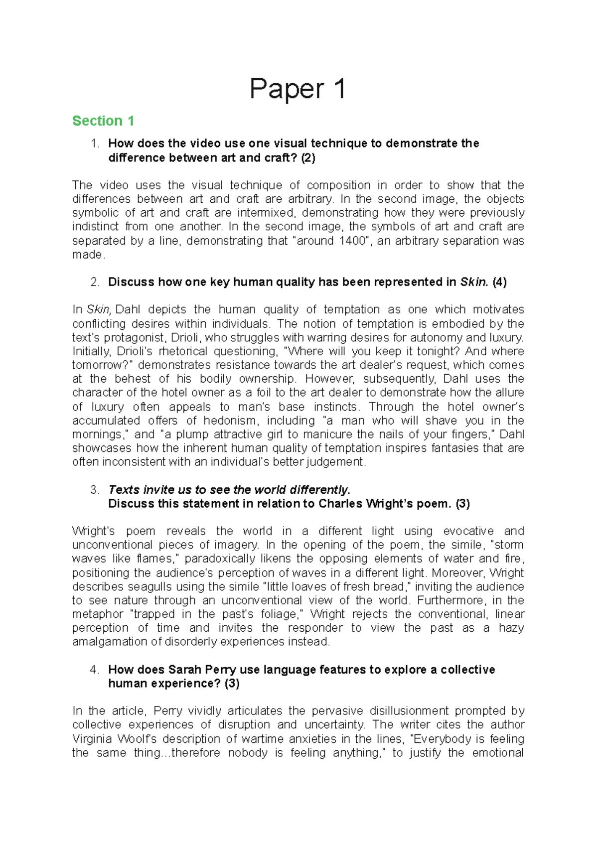 Mock HSC Exam Answers: Art, Human Experience & Temptation Analysis ...