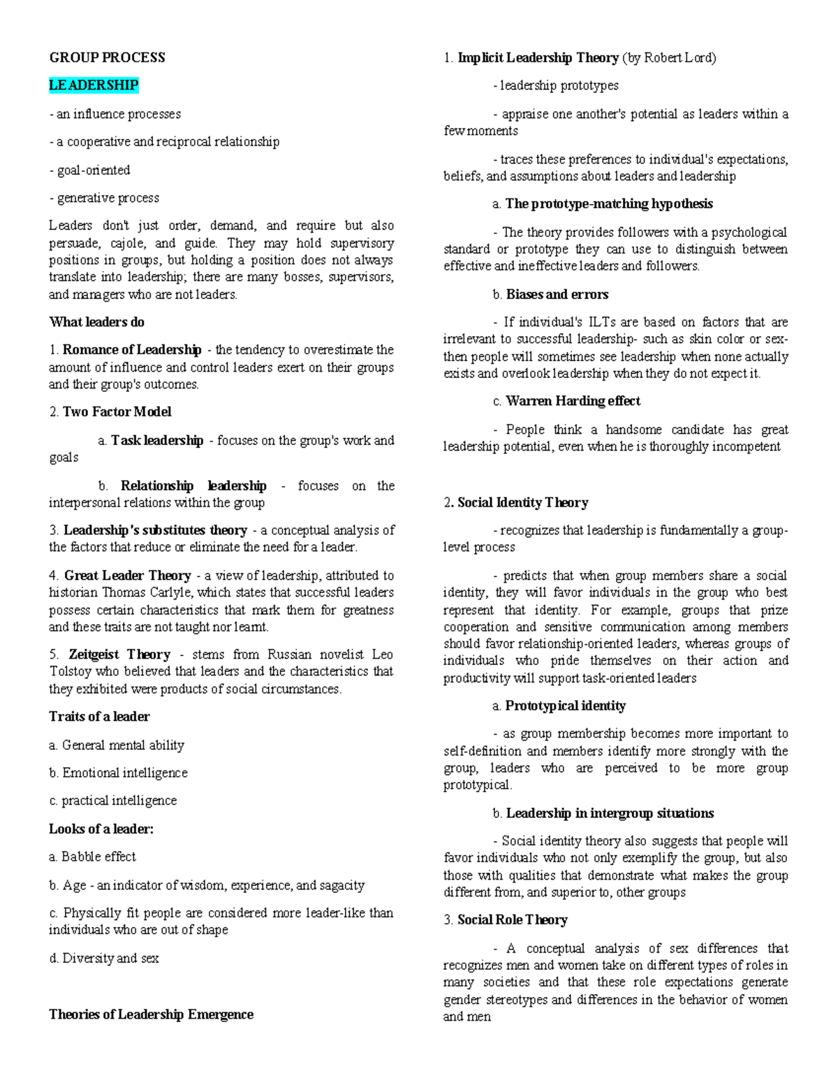 Group Process - Midterm Notes - GROUP PROCESS LEADERSHIP an influence ...