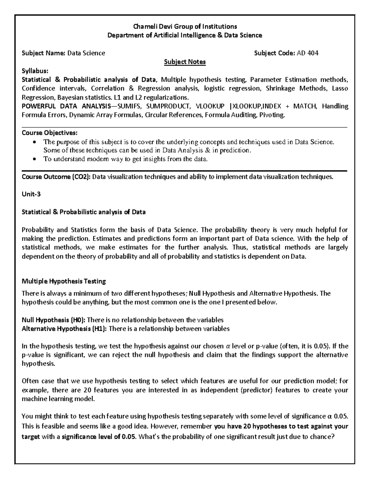 AD404 Data Science Unit-3: Statistical Methods & Excel Techniques - Studocu