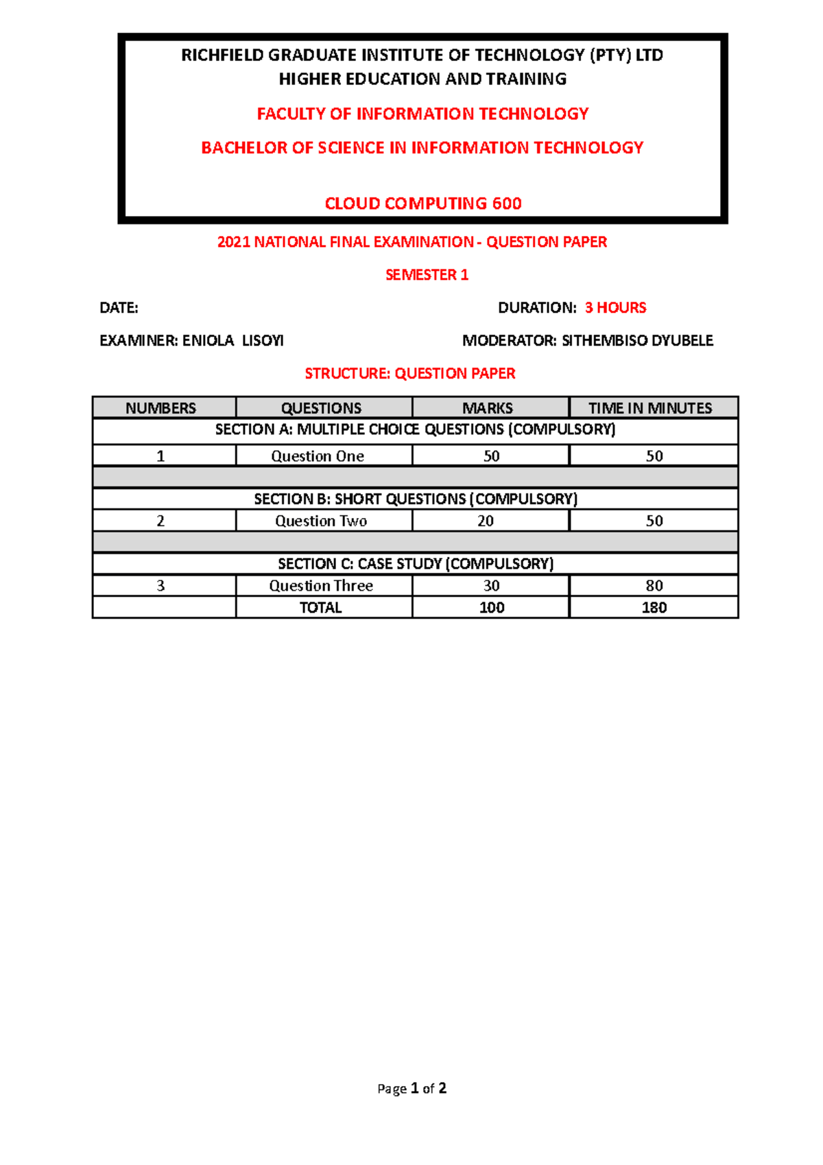 Cloud Computing 600 Final Exam - 2021 National Examination - Studocu