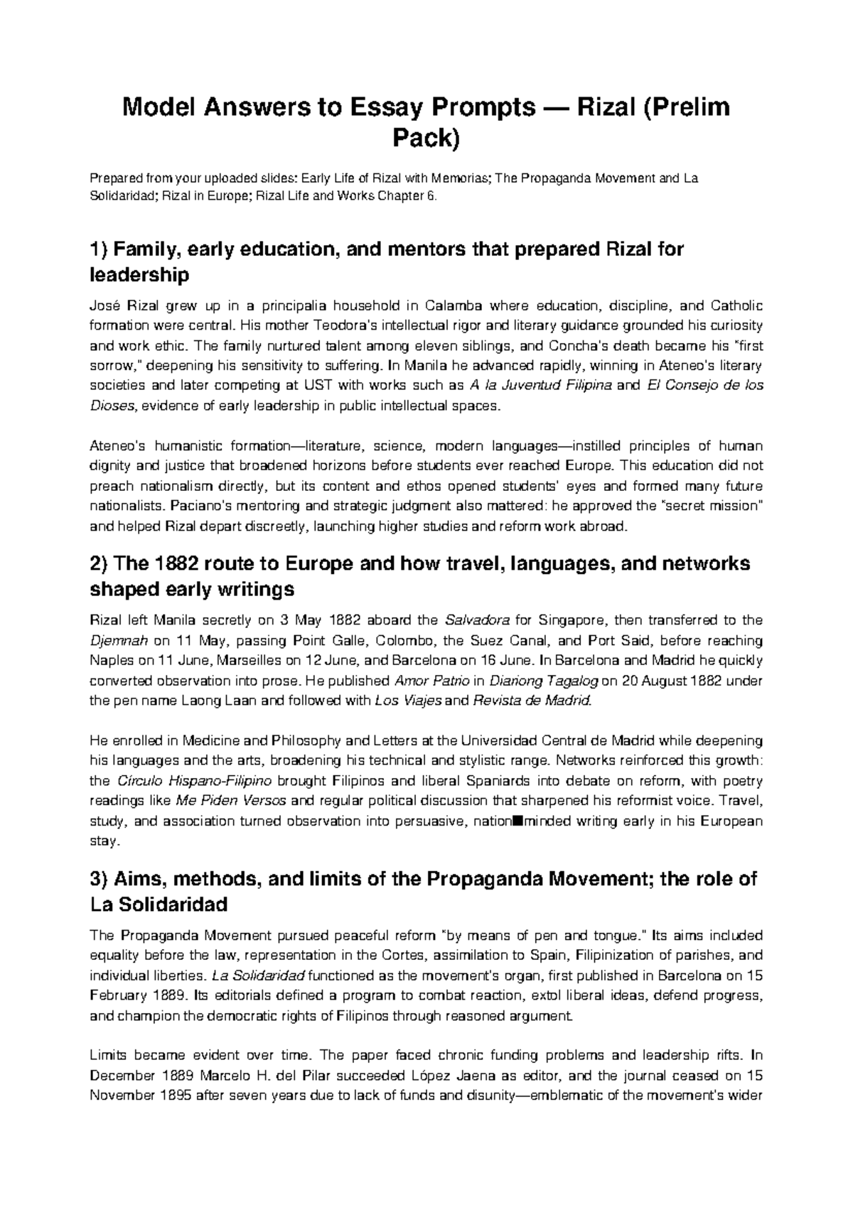Rizal (Prelim Pack): Model Answers to Essay Prompts on Early Life ...