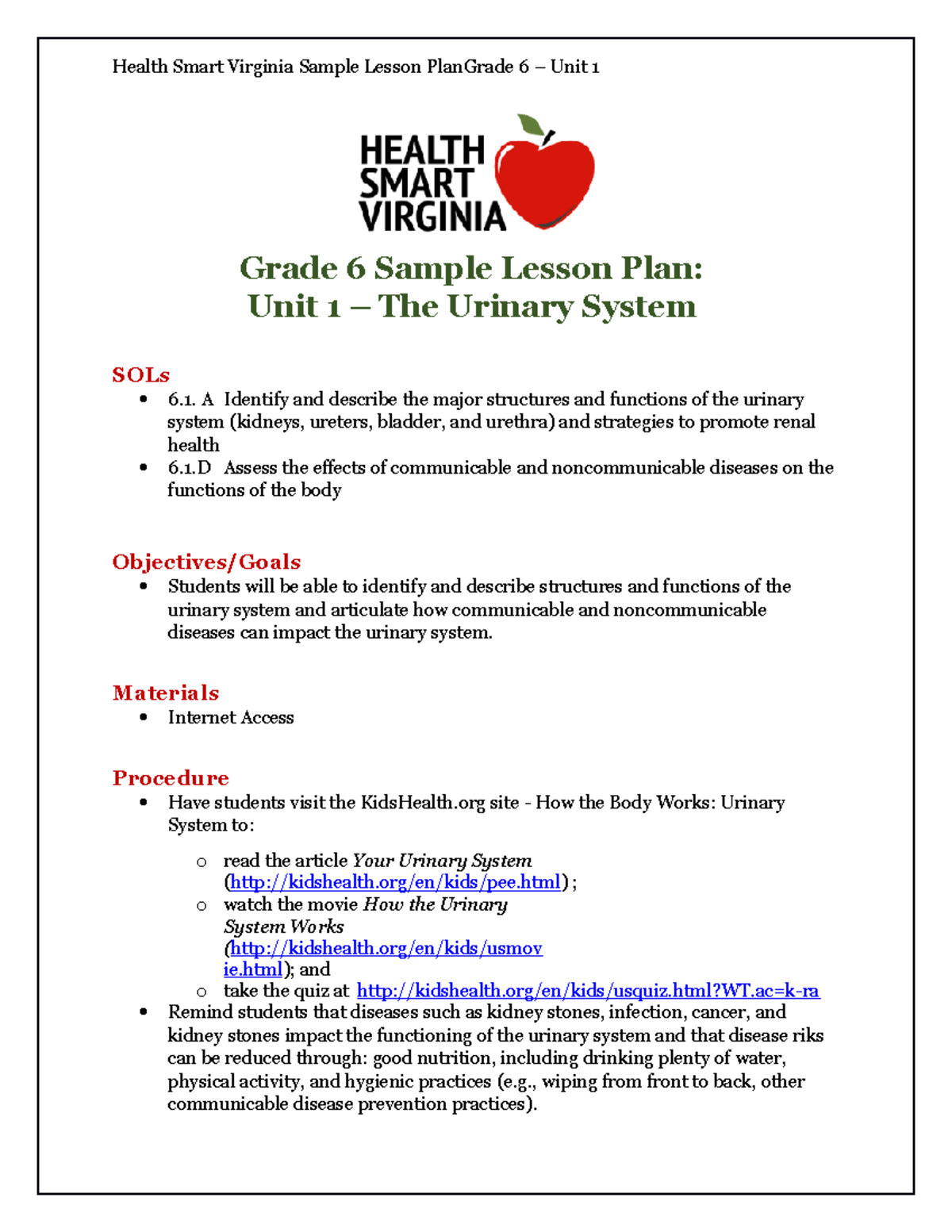 Gr6 - Unit 1 Urinary System Lesson Plan and Activities - Studocu