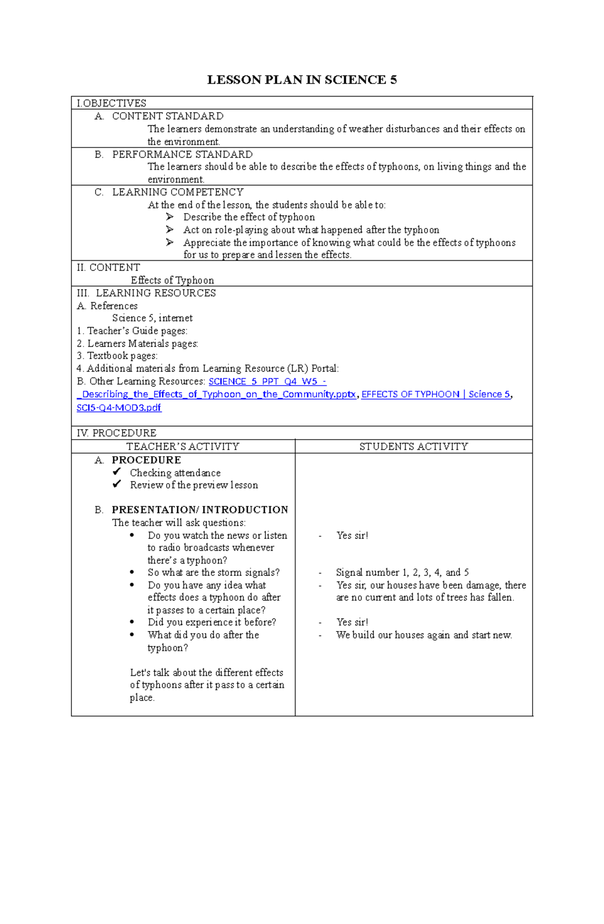 Lesson Plan in Science 5: Understanding Typhoon Effects - Studocu