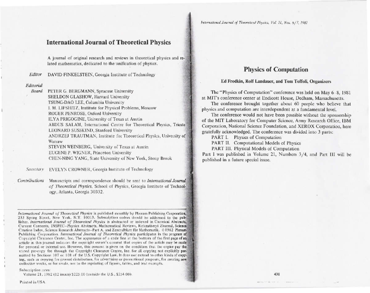 Simulating Physics with Computers - Feynman, IJTP Vol. 21, 1982 - Studocu