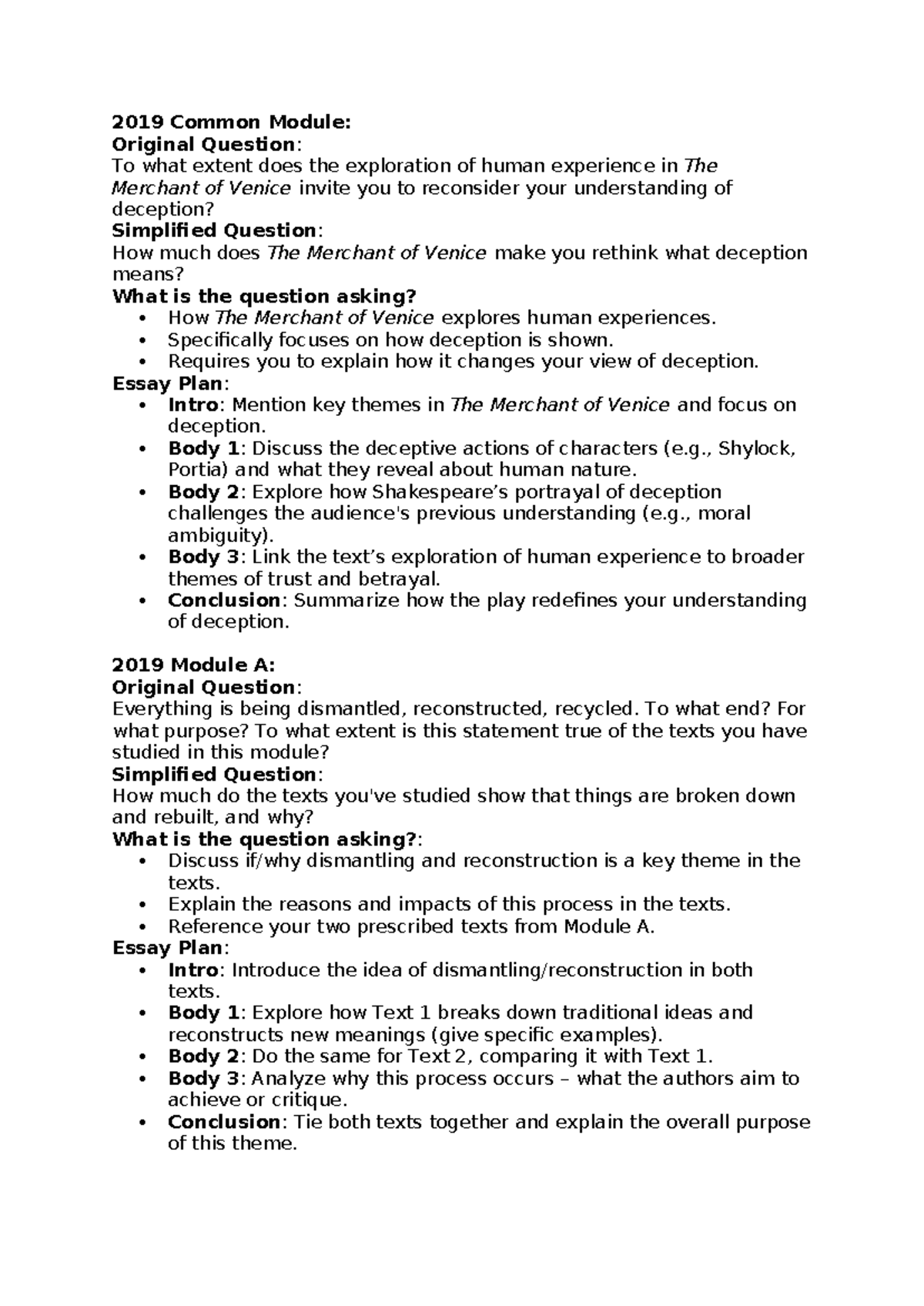 2019 Common Module: Exploring Deception in The Merchant of Venice Essay ...