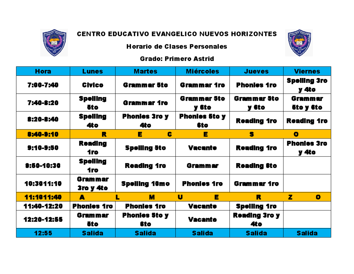 Nuevos Horarios DE Clases Personales CENH - Horario de Clases ...
