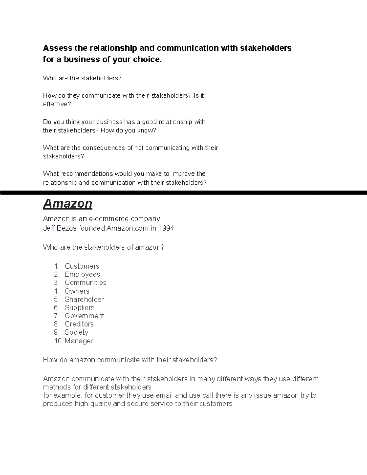 Amazon Stakeholder Communication & Relationship Analysis Report - Studocu