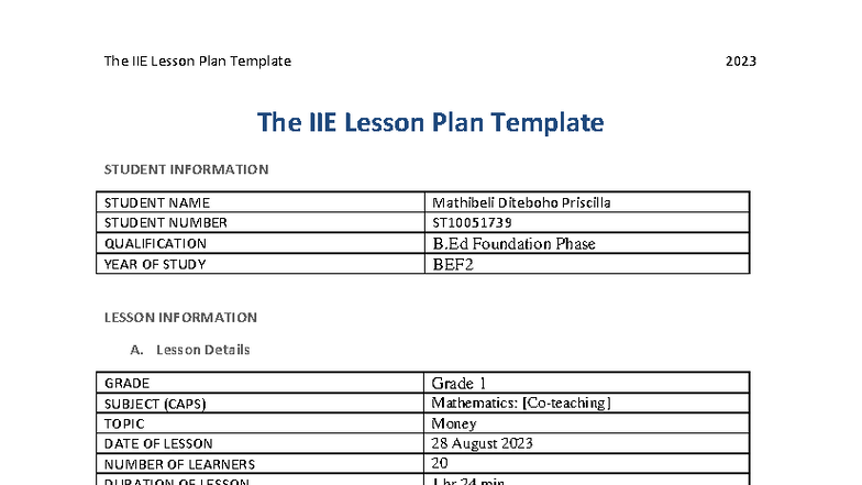 IIE Lesson Plan Template 2023: Grade 1 Mathematics on Money - Studocu