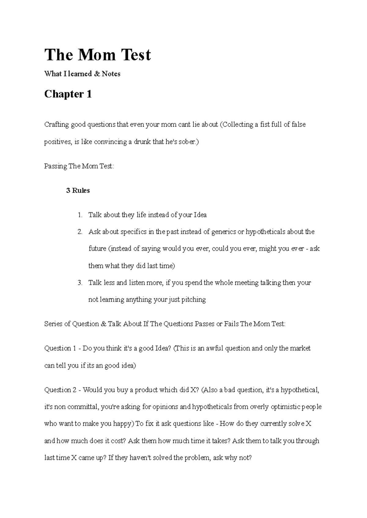 Book Summary Every student must read - The Mom Test What I learned ...