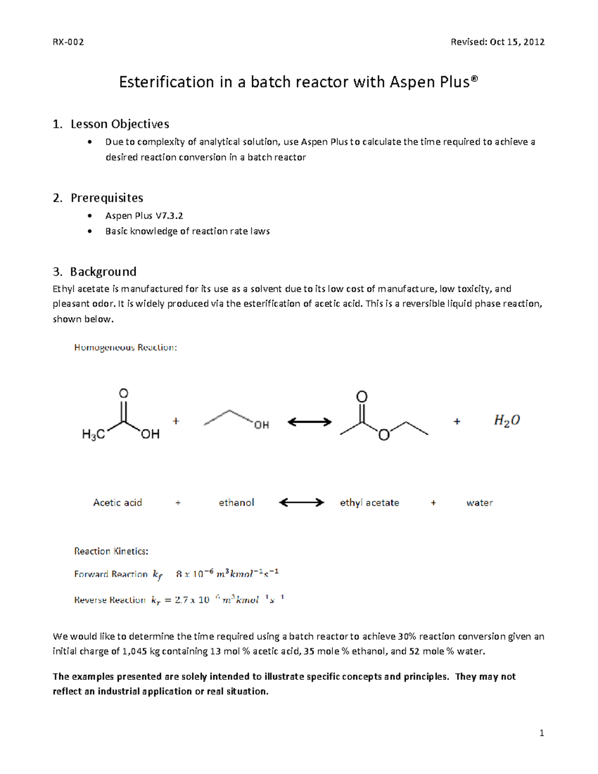 RX-002 Batch Esterification: Aspen Plus Simulation for 30% Conversion ...