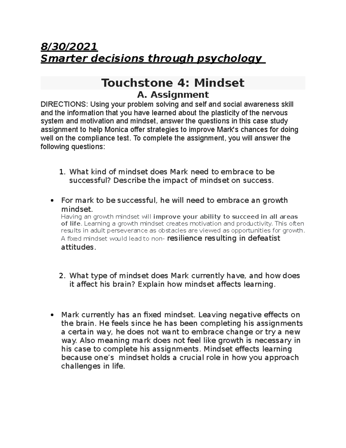 Smarter Decisions Through Psychology: Touchstone 4 Case Study - Studocu