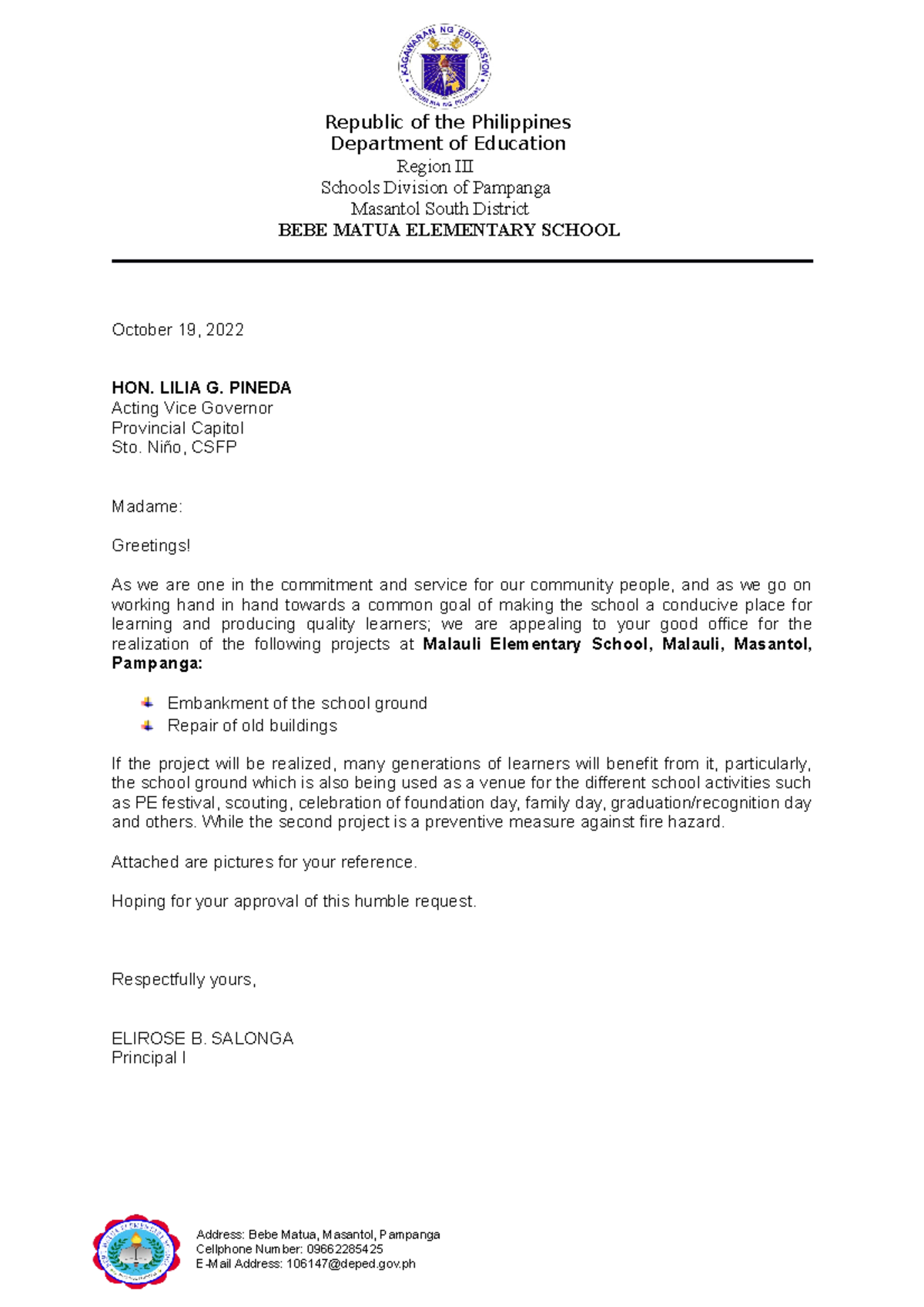 MES Vice Gov Project Request Letter for Support - Studocu