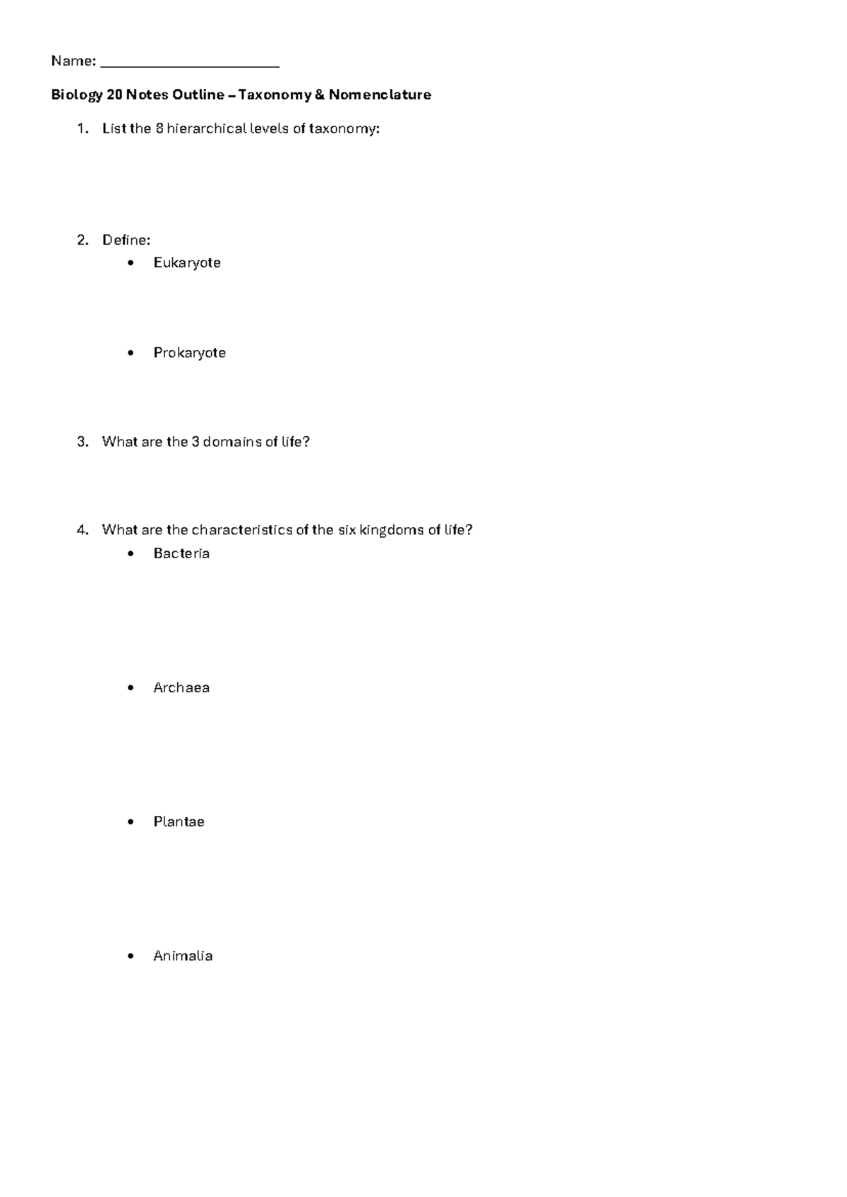 Biology 20: Taxonomy and Nomenclature Notes Outline - Studocu