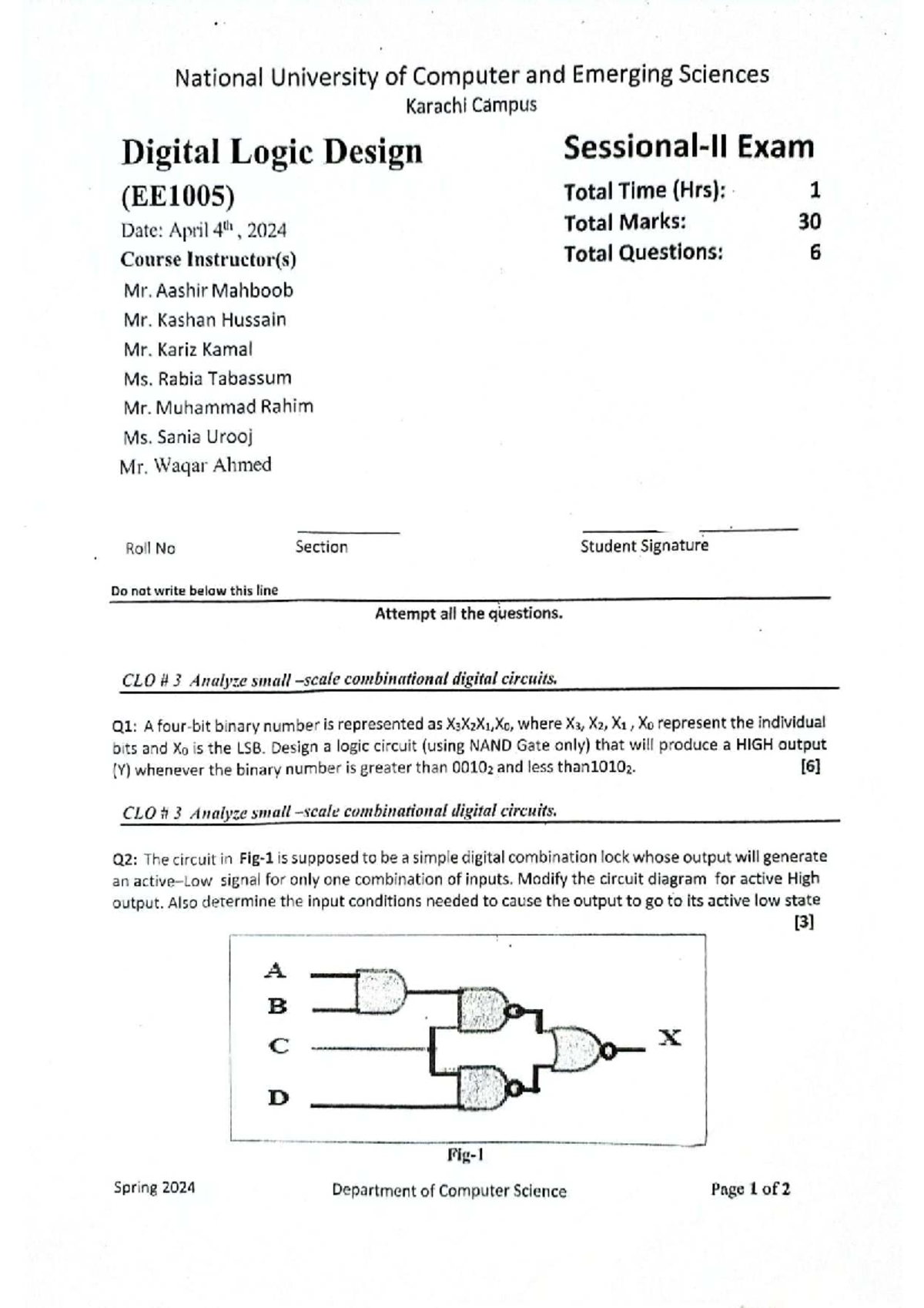DLD Midterm Exam (EE1005) - Digital Logic Design Spring 2024 - Studocu