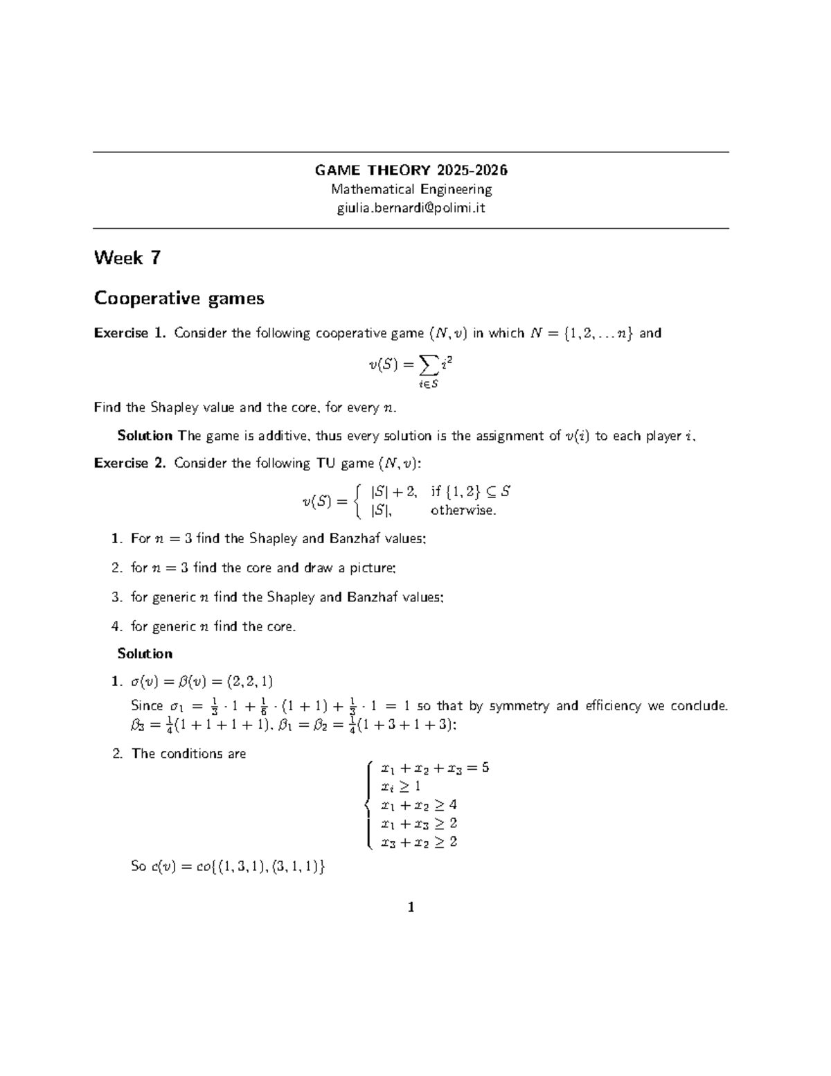 GAME THEORY MATH ENG Week 7 Cooperative Games Exercises & Solutions ...