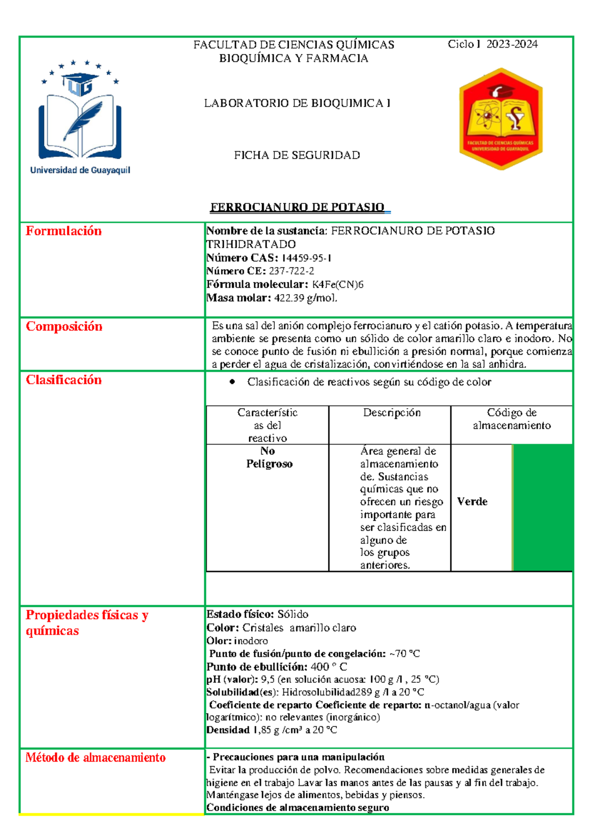 Ficha de Seguridad - MSDS K4Fe(CN)6 - Ferrocianuro de Potasio - Studocu