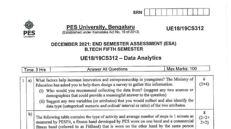 PES University B.Tech 5th Sem Data Analytics Dec 2021 ESA Question ...
