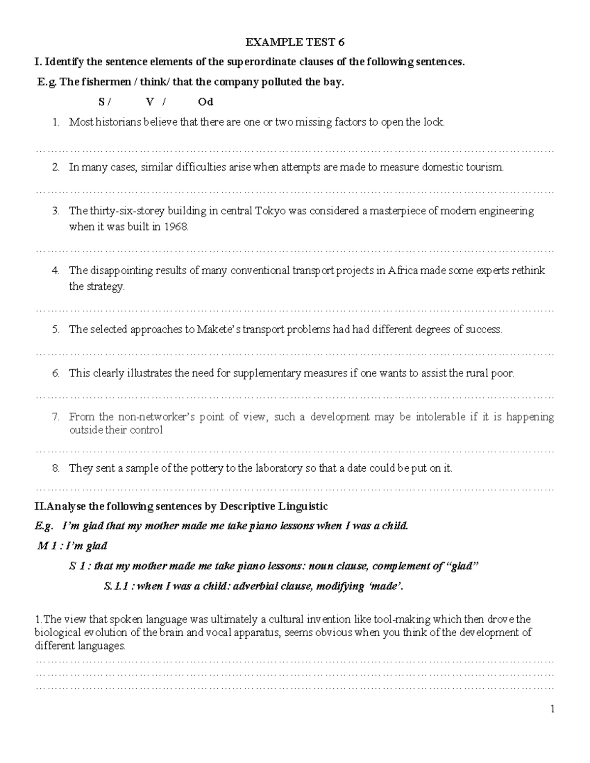 Sample Test 7: Superordinate Clause Analysis and Sentence Structures ...