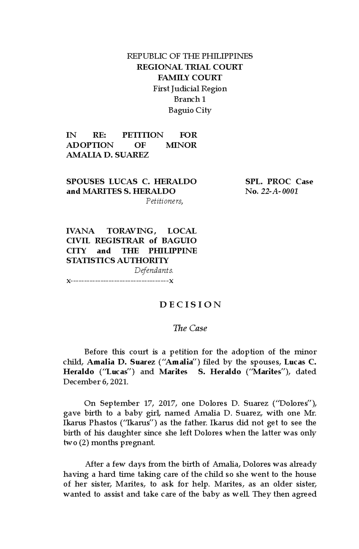 Adoption Decision on Minor Amalia D. Suarez: SPL. PROC Case No. 22-A ...